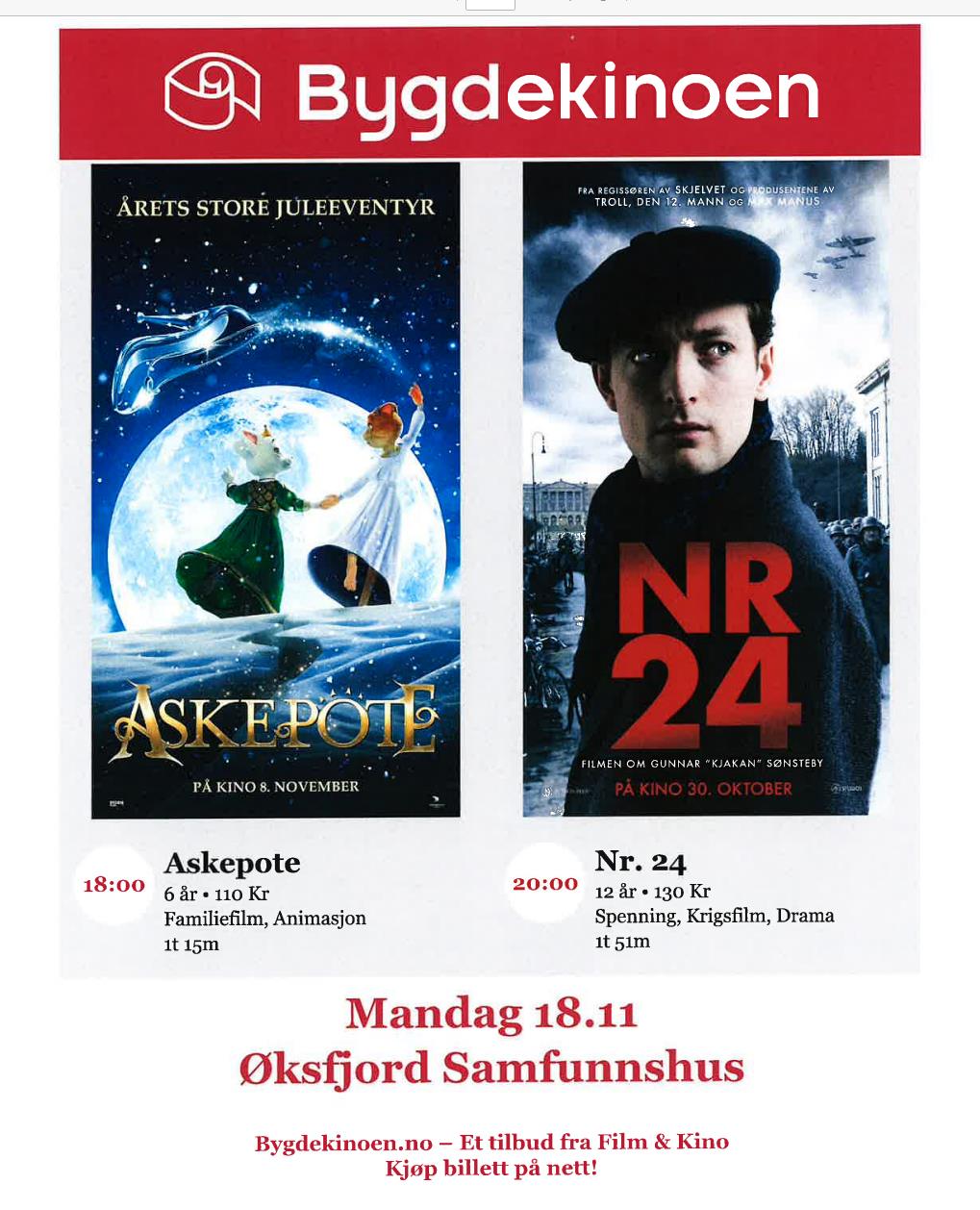 Bygdekino på Øksfjord samfunnshus mandag 18. november 2024. - Loppa kommune